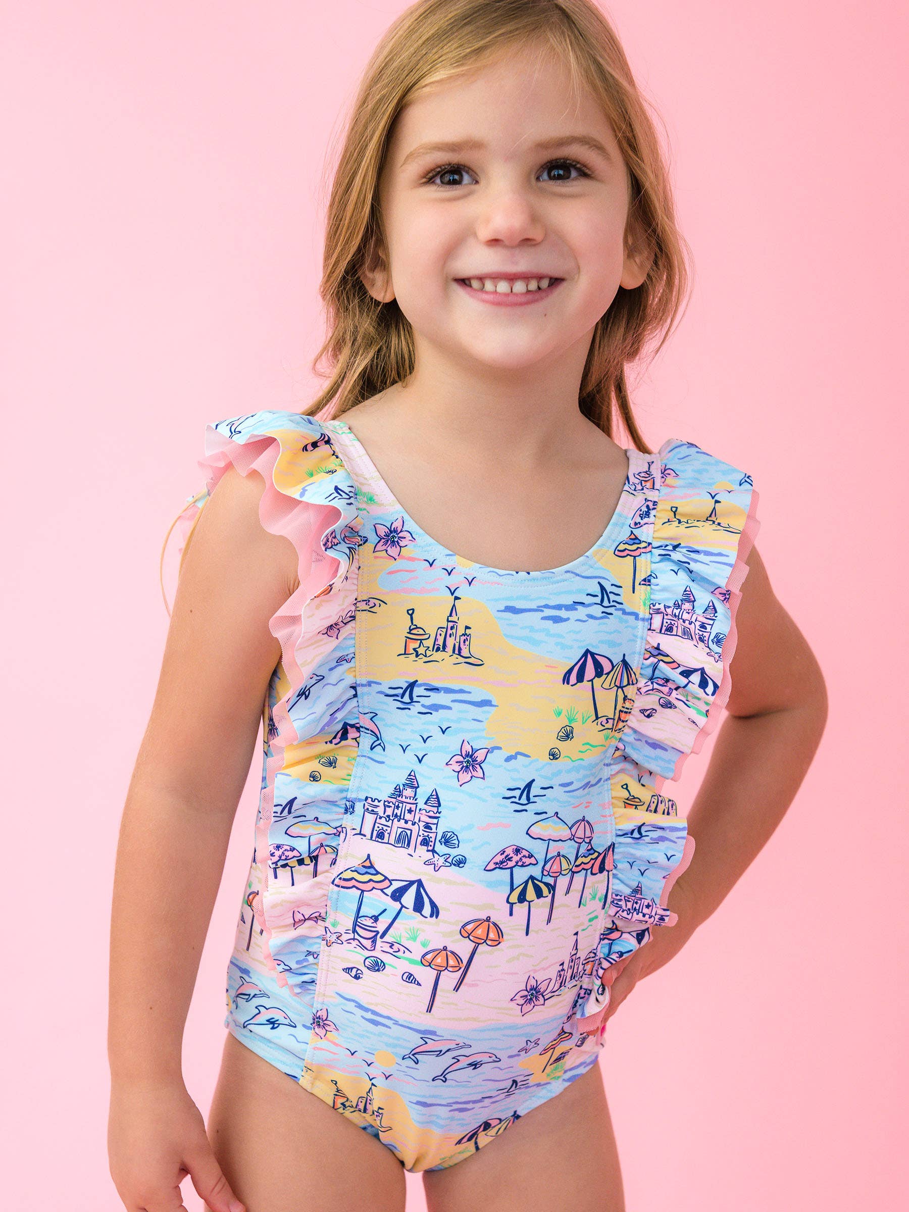 Girls Beach Day Waterfall One Piece Swimsuit - UPF 50+ Kids Swimwear ...